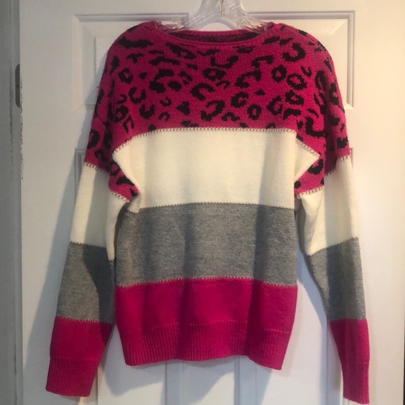 Sweaters | Hot Pinkgraycream Colored Stripped And Leopard Print Sweater ...